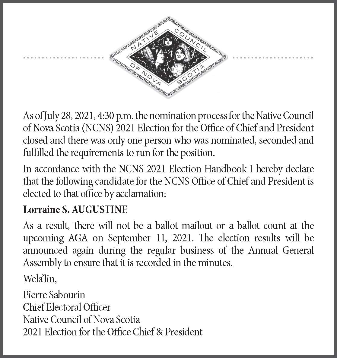 Chief and President 2021 Announcement – Native Council of Nova Scotia